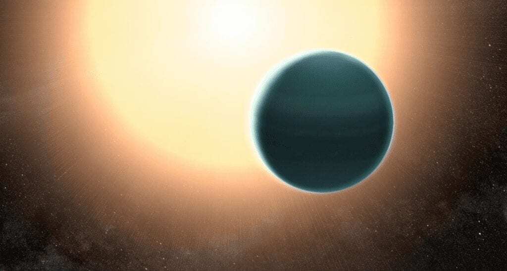 Unexpectedly primitive atmosphere found around distant 'warm Neptune'